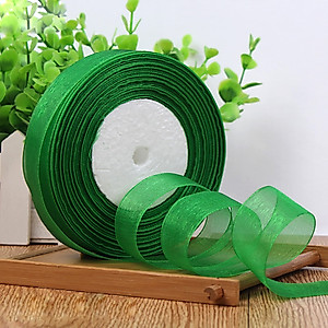 MUWOOB 1 inch Green Organza Ribbon, 50 Yards Sheer Chiffon Ribbons for Gift Wrapping, Bouquet, Garland, Bowknot, Hair, Crafts, Balloons, Party Decoration