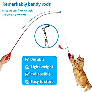 Petstie Cat Feather Teaser Toy, 2PCS Retractable Cat Wands,11PCS Teaser Refills with Bells and Extra 2PCS Elastic Strings, Cat Wand Toys for Indoor Cats