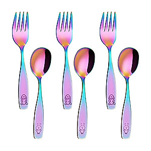 ANNOVA Kids Silverware Children's Safe Flatware Set Stainless Steel - Children Forks, Children Tablespoons, Toddler Utensils, Metal Cutlery Set for LunchBox (Engraved Dog Bunny) (UV Rainbow, 6 Pieces)