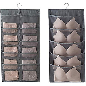 Storage hanging bag, Dual-Sided Hanging Bra Storage Organizer with Metal Hanger, Dual-Sided Hanging Storage Organiser for Underwear, Panties，Stocking,Bra and Sock (5+10 Pockets, Gray)