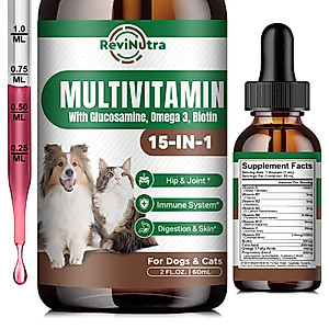 Dog Vitamins and Supplements - Dog Multivitamin Liquid Drops, 15 in 1 Pet Vitamins Supplement for Dogs & Cats - Support Joint, Gut, Immune, Digestion, Heart, Skin & Coat, 2 Fl Oz