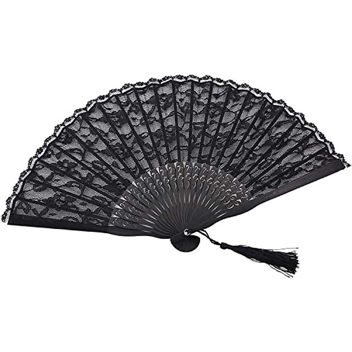 Womens Multi Color Handmade Cotton Lace Folding Hand Fan (Black-A) (Black)