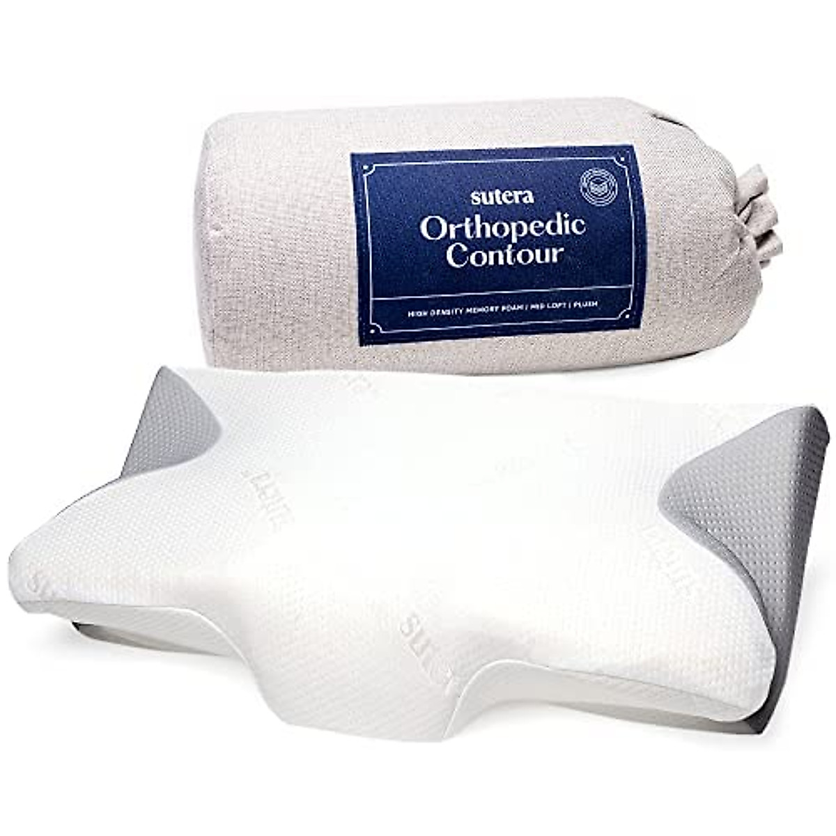 SUTERA - Contour Memory Foam Pillow for Sleeping, Orthopedic Cervical Support for Neck, Shoulder and Back Pain Relief, Ergonomic Pillow for Side, Back and Stomach Sleepers, Washable Cover - White +Bag