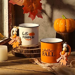 Roshtia 2 Pcs Fall Coffee Mug Enamel Thanksgiving Hello Pumpkin Mini Coffee Cups with Wood Bead Ornaments Fall Tiered Tray Decoration for Thanksgiving Fall Party