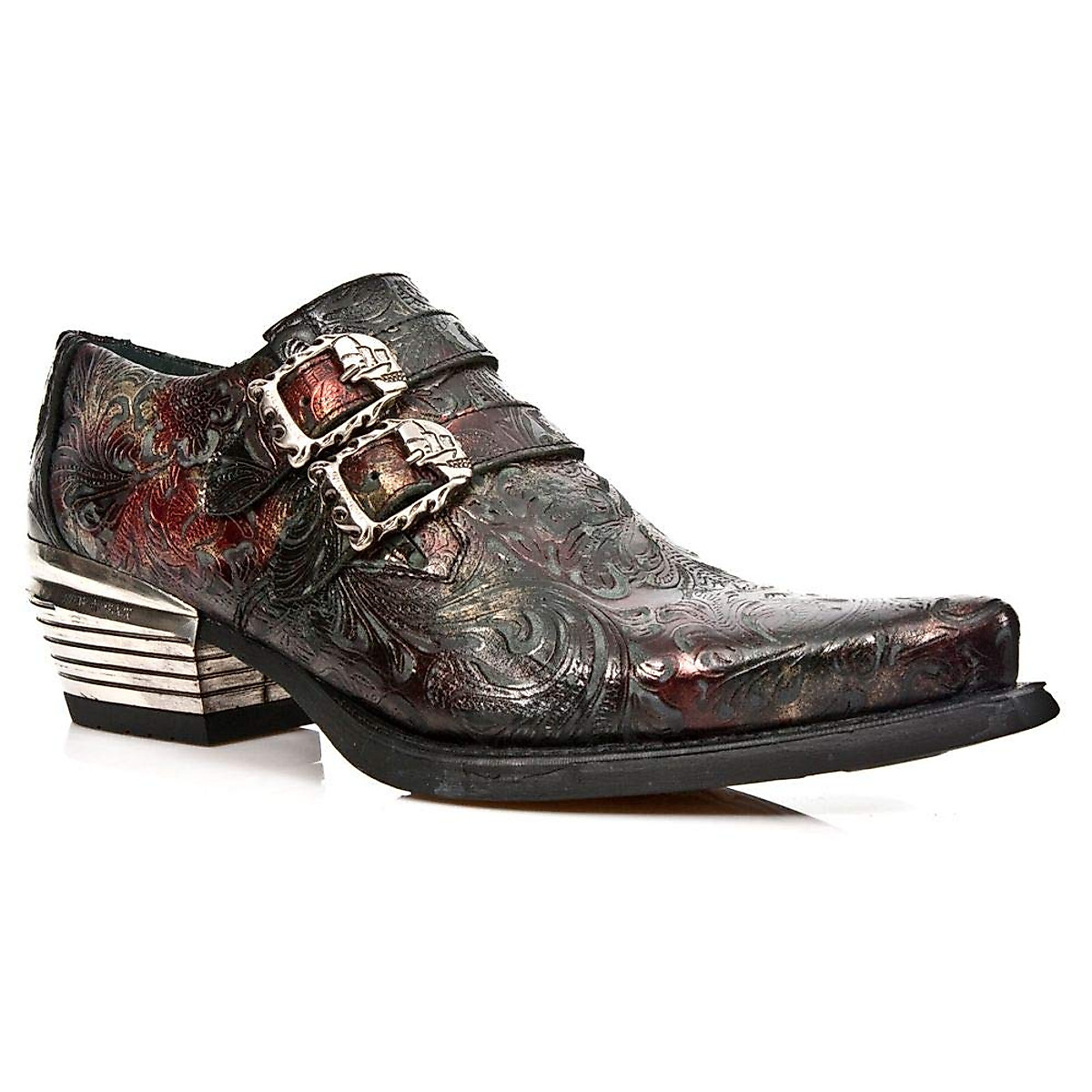 New Rock 7960-S5 Embossed Vintage Black, Red Leather Buckle Steel Heel Shoes 41