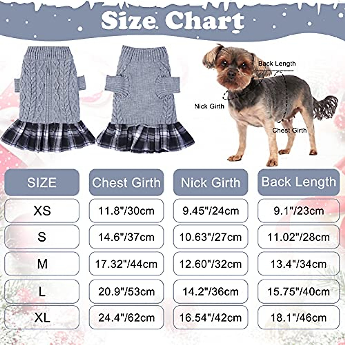 Dog Sweaters Plaid Dress, Puppy Warm Knitwear Dress for Dogs Cats, Cold Weather Doggie Kitten Apparel, Turtleneck Pet Dresses Outfits with Leash Hole for Yorkie Shih Tzu Teddy Bichon Frise Chihuahua