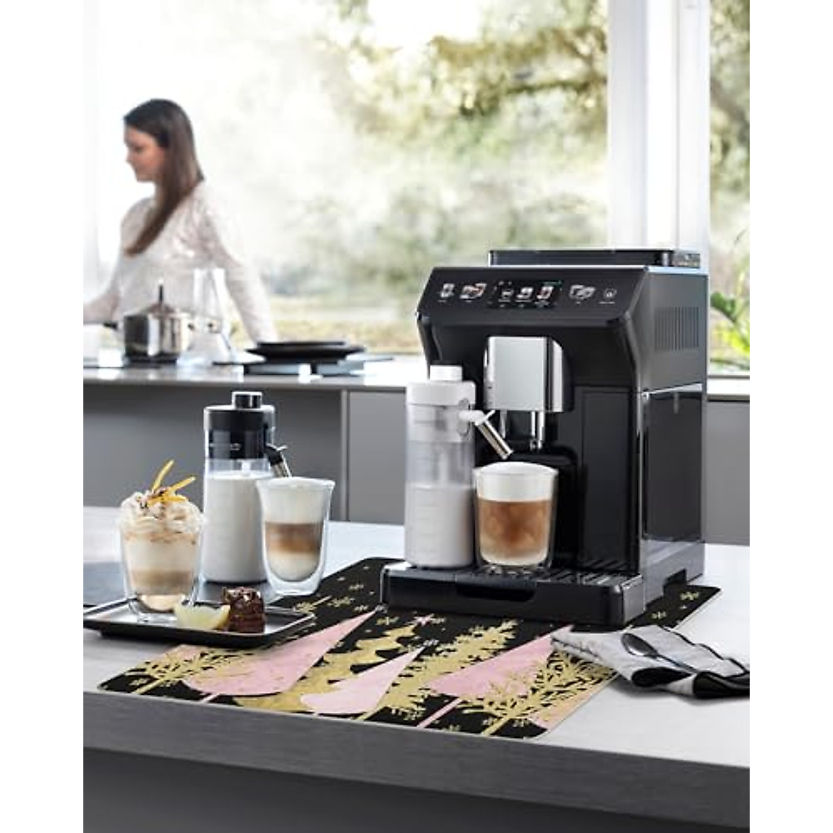 Coffee Mat for Counter, Pink Gold Christmas Tree Winter Snowflake Black Absorbent Hide Stain Coffee Bar Mat, Non-slip Coffee Bar Accessories Kitchen Drying Mat Fit Under Coffee Maker Espresso Machine