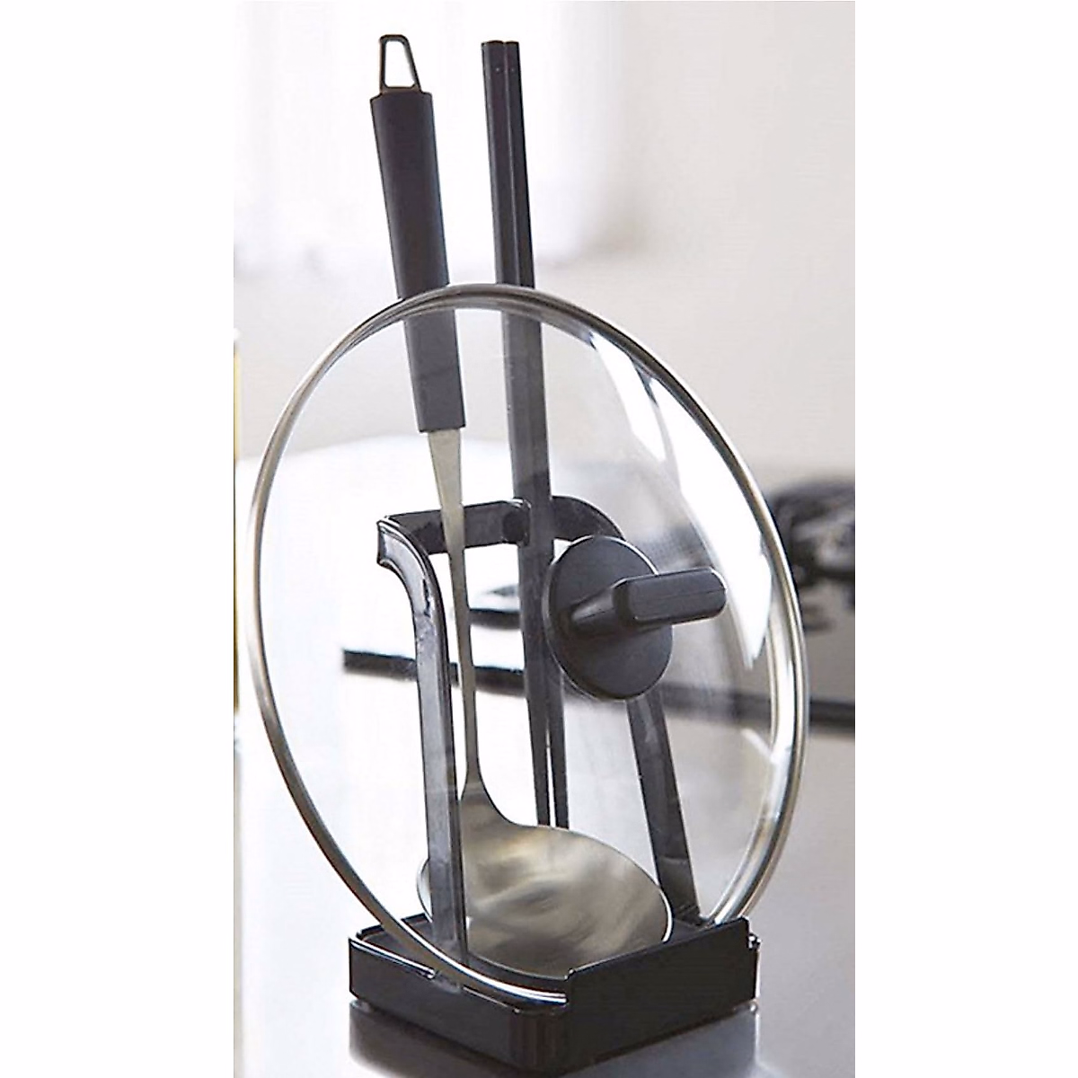 Tayro Pot Lid Holder: Steel Lid Stand for Cooking Utensils in Kitchen, Multipurpose Spoon Rest, Spatula, iPad, Book, Cutting Board with Washable Drip Tray. (3.9 x 3.9 x 5.9, Black)
