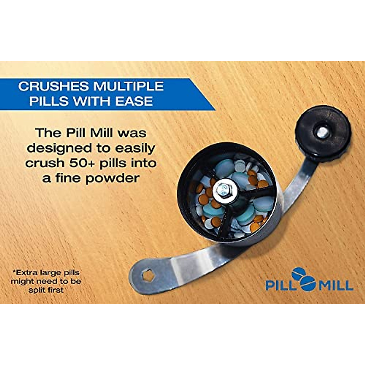 Pill Mill Pill Crusher - Crushes Multiple Tablets to a Fine Powder - Metal Pill Grinder - Tablet Pulverizer Suitable for Travel - Great Feeding Tube use and Pets