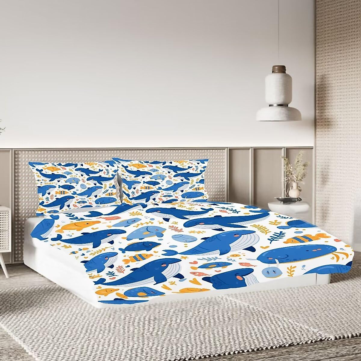 Lokaluo Whale Duvet Cover Full Size 3D Printed Cartoon Blue Whale Duvet Cover Set Blue Ocean Animal Themed Sealife Tropical Beach Bedding Set Bedroom Decor 3 Pcs Comforter Cover with 2 Pillowcases