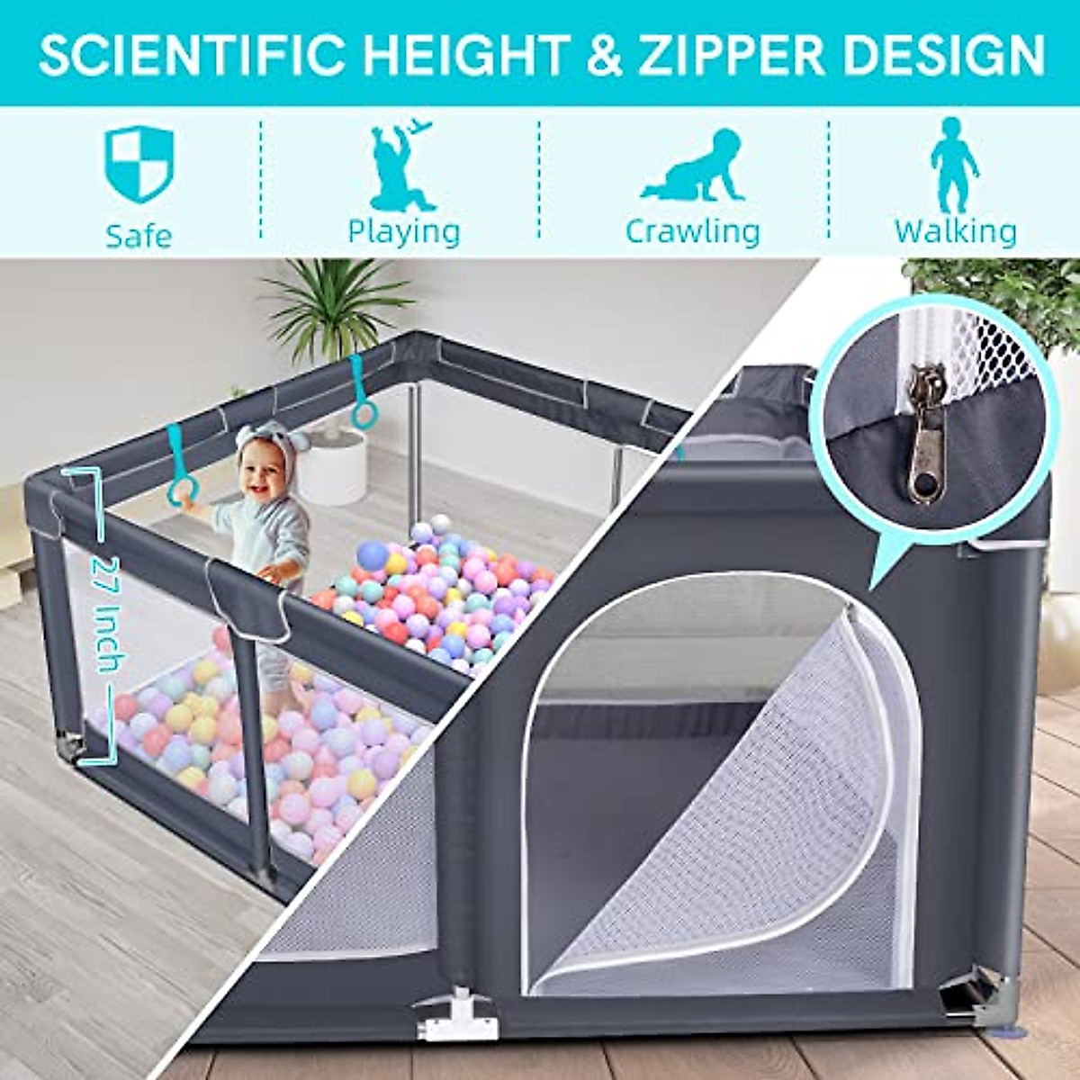 Tmsene Baby Playpen, Playard for Babies and Toddlers, Sturdy Safety Baby Fence with Breathable Mesh and Zipper Gates, Indoor & Outdoor Play Pens for Kids Activity Center (Grey)