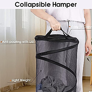 BATTOO Large Collapsible Laundry Basket with Lid Foldable Mesh Pop Up Hamper with Handles for Laundry Room, Bathroom, Kids Room, College Dorm, Travel, Storage Organizer Black