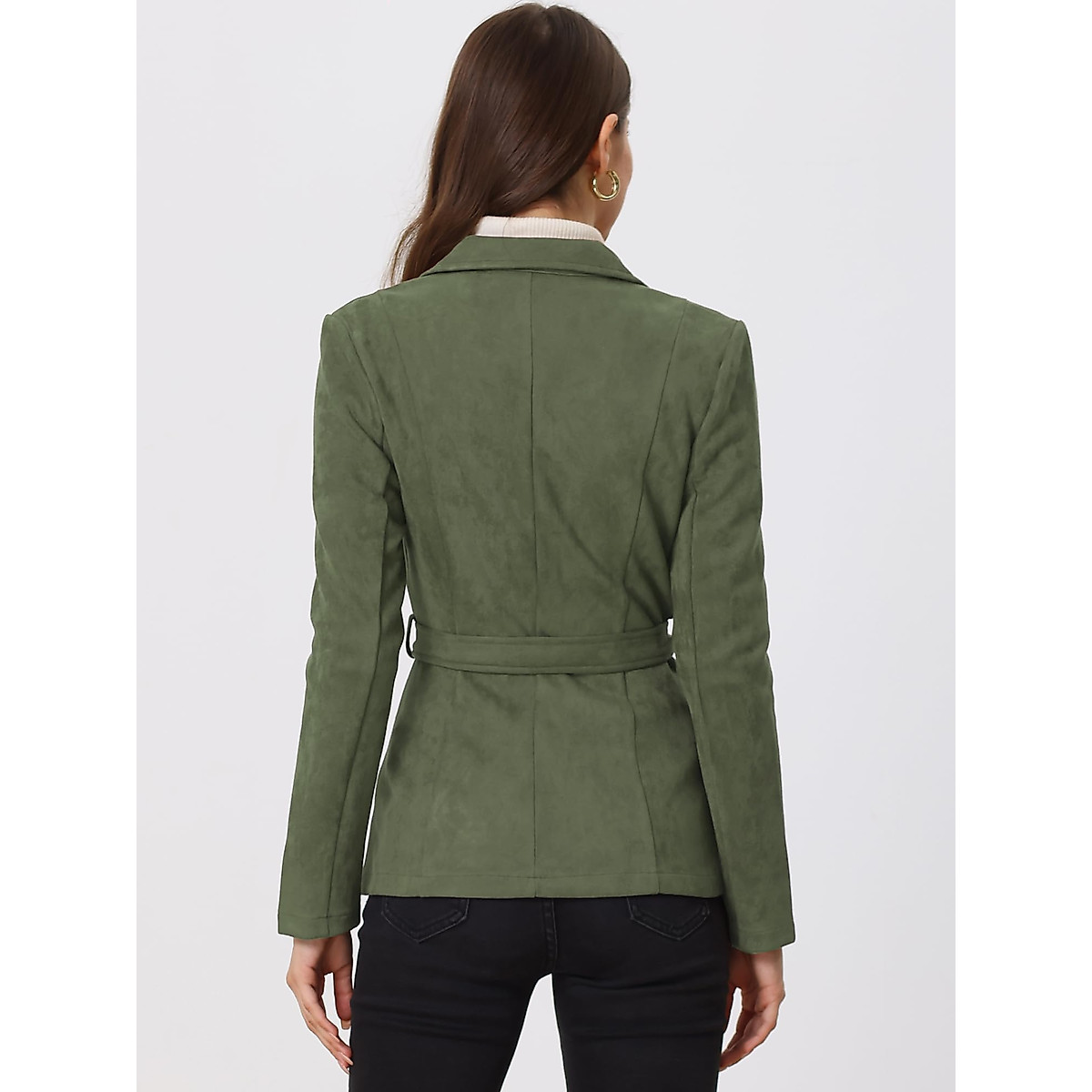 Allegra K Women's Faux Suede Blazer Belted Lapel Outwear Single Breasted Work Jacket Medium Army Green