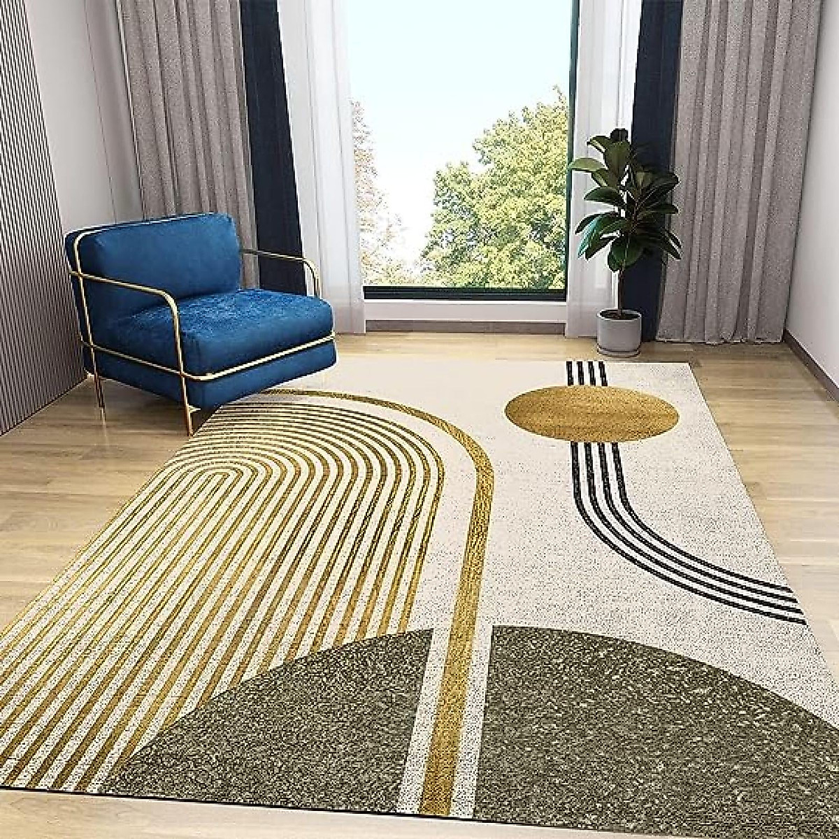 BOWESI Area Rugs 6x8ft, Boho Modern Geometry Abstract Gold Sun Living Room Rugs, Contemporary Mid Century Minimalist Noise-Cancelling Rugs, Fluffy Soft Durable for Hotel Home Decor Yoga Room Patio