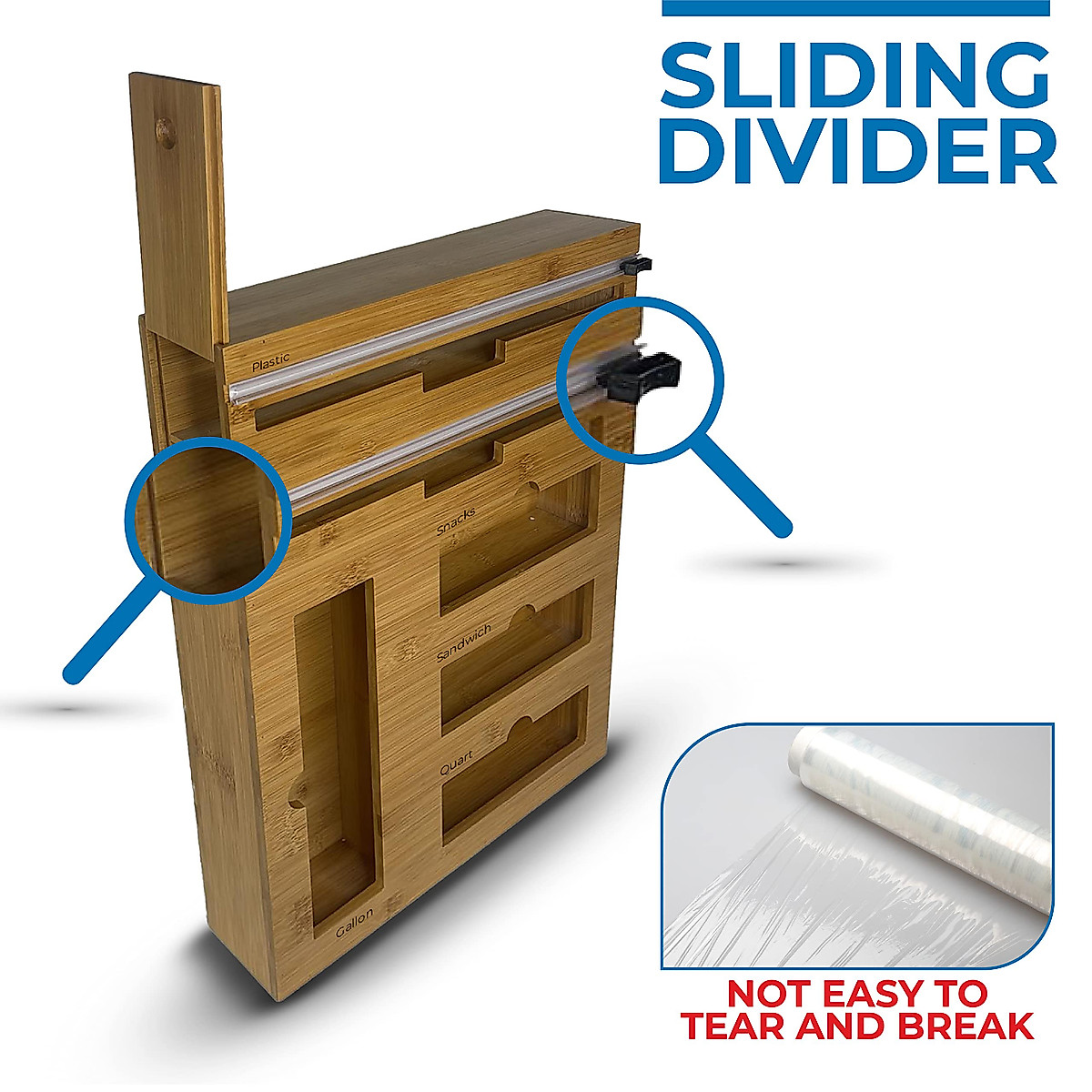 TWG Bamboo Ziplock Bag Organizer for Drawer, 6 in 1 Foil and Plastic Wrap Dispenser with Cutter, Compatible with Gallon, Quart, Sandwich and Snack Variety Size Bag