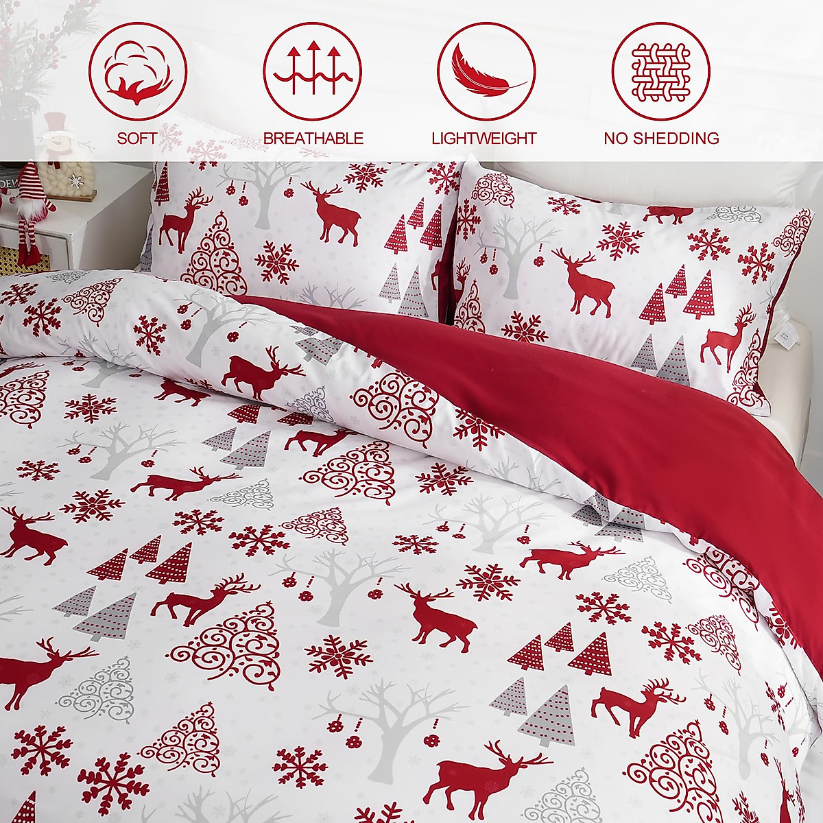 WONGS BEDDING Christmas Duvet Cover Queen, Merry Christmas Elk Snowflake Tree Red Bedding Duvet Covers with Zipper Closure for All Seasons, Red Soft Microfiber Bedding Set Queen 90"×90"