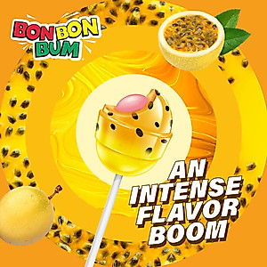 Colombina Bon Bon Bum Lollipops w/Bubble Gum Center, Passion Fruit Flavor, Individually Wrapped, Ideal for Party Favors and Gifts, 1 Pack (24 Count)