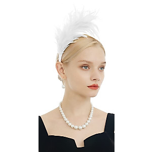 FELIZHOUSE 1920s Fascinator with Feathers Headband for Women Wedding Tea Party Headwear (White)