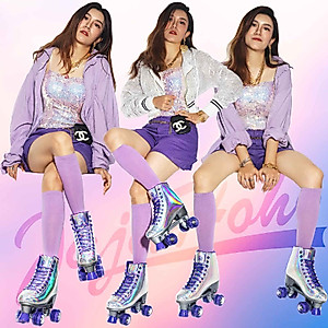 JajaHoho Roller Skates for Women, Holographic High Top Classic Rollerskates, Shiny Double-Row Glitter Four Wheels Quad Skates for Girls, Age 3-50, Indoor &Outdoor (Size 7, Silver Purple)