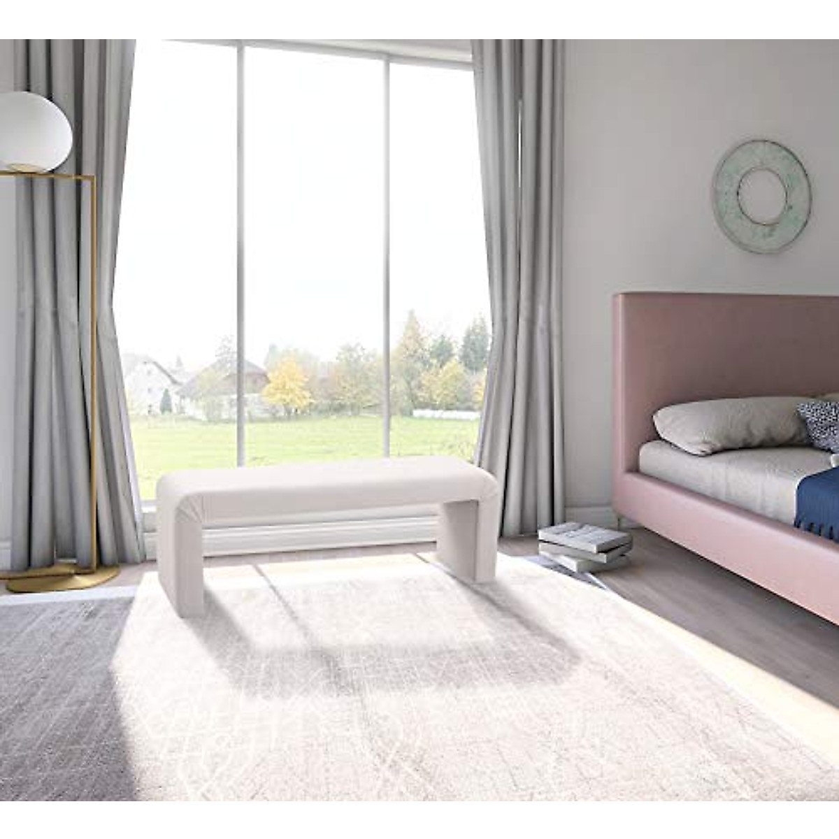 Meridian Furniture Minimalist Collection Modern | Contemporary Velvet Upholstered Bench, 53" W x 14.75" D x 18.25" H, Cream