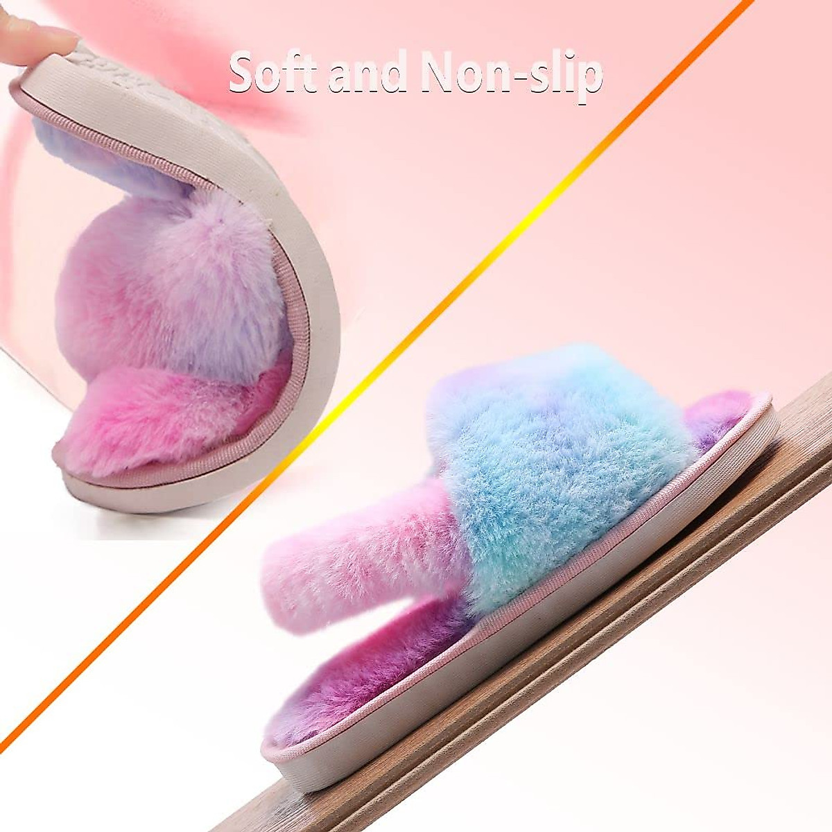 LightFun Fuzzy Fluffy Furry girls kids slippers cloud Fur Open Toe Slippers for kid House Home Indoor Outdoor(Colorful,1011)