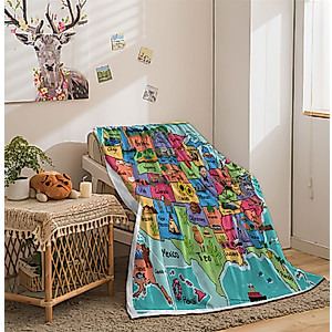 Kids Map of The United States Throw Blanket, Fun Facts Geography USA Map Camping Blankets and Throws for Bed, Animal Map Fleece Flannel Blanket for Sofa Couch Girls Boys Children Room Decor,50X60in