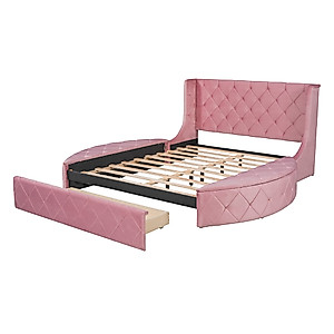 SOFTSEA Queen Size Velvet Platform Bed Frame with Storage, Upholstered Tufted Bed Frame with Wingback Headboard, 1 Big Drawer and 2 Side Storage Stool, Easy Assembly, Pink