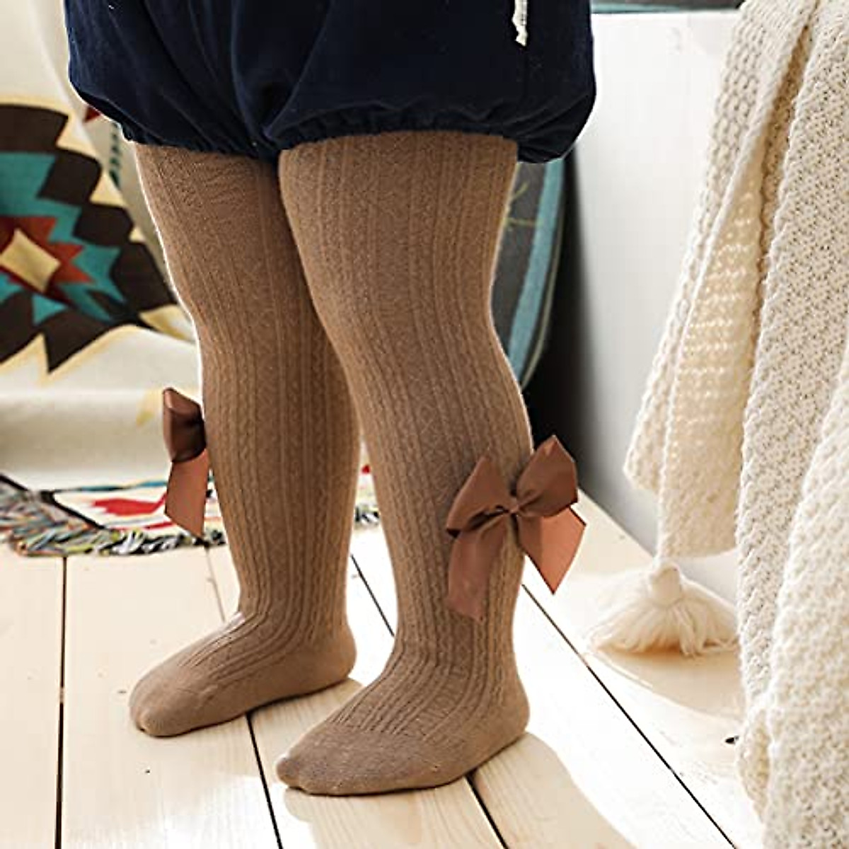 Bafeicao 3 Pack Baby Girls Tights Cable Knit Seamless Leggings with Bow Toddler Girl Cotton Pantyhose, White+Khaki+Coffee, 6-12M