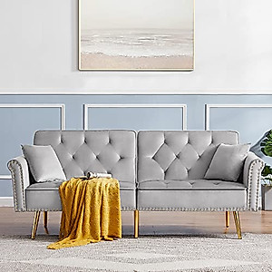 Kakotito Tufted Velvet Sofa Bed Sleeper with 2 Pillows, Luxury Loveseat Couch, Splitback Futon for Living Room & Office, Convertible Futon with Vintage Nailhead Trim and Metal Legs (Gray)