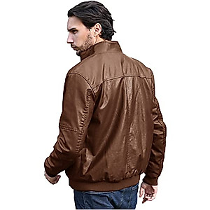 WenVen Men's Stand Collar Fleece Lined Bomber Faux Leather Jacket (Field, M)