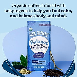 Four Sigmatic Organic Balance Adaptogen Ground Coffee | Medium Roast USDA Organic, Fair Trade Coffee with Ashwagandha, Chaga Mushroom, Eleuthero and Tulsi | Focus and Energy Boosting Coffee | 12oz Bag