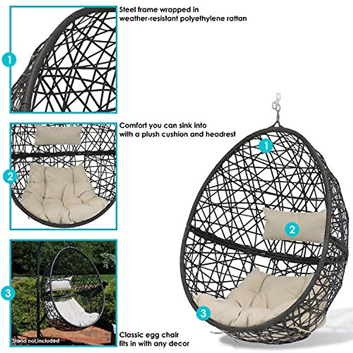 Sunnydaze Caroline Hanging Egg Chair - Resin Wicker - Modern All-Weather Construction Design - Outdoor Lounging Chair - Large Basket Patio Chair with Removable Beige Cushions