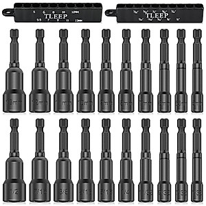TLEEP 20 x Magnetic Power Nut Driver Set for Impact Drill, Extended 1/4" Hex Head Drill Bit Set SAE & Metric, 10 x 1/4 Inch Hex Head Allen Wrench Drill Bits Long 100MM, Metric 1.5mm to 12mm