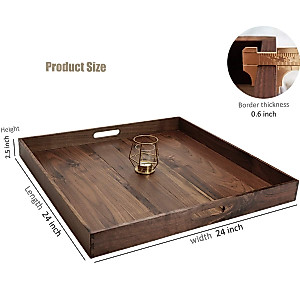 MAGIGO 24 x 24 Inches Extra Large Square Black Walnut Wood Ottoman Tray with Handles, Serve Tea, Coffee or Breakfast in Bed, Classic Wooden Decorative Serving Tray