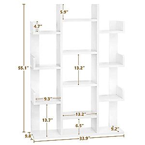 Aheaplus Bookshelf, Tree-Shaped Bookcase Storage Shelf with 13 compartments, Books Organizer Display Cube Shelves, Industrial Free Floor Standing Wood Open Bookshelves for Home, White