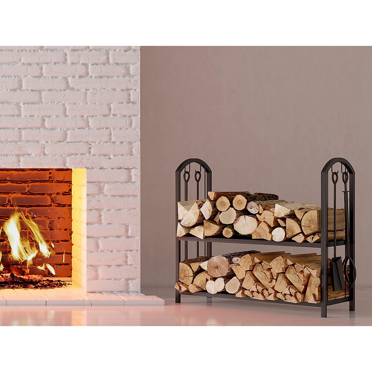 Fire Beauty Fireplace Firewood Log Rack 5-Piece Storage Logs Holder with Tools Set with 4 Tools Set Fireside Holders Wood Lumber Storage Stacking Black
