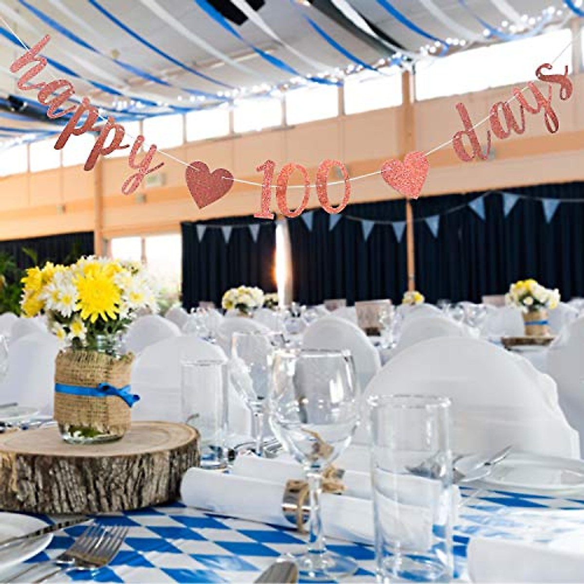 Rose Gold Glittter Happy 100 Days Banner Sign for Kids Birthday, Baby Shower, Wedding Celebration Party Decor Cursive Bunting Decorations