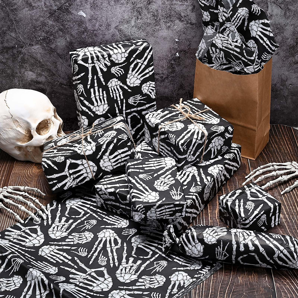 100 Sheets 20 * 14 Inches Halloween Tissue Paper for Gift Wrapping Black White Skeleton Hands Tissue Paper for Gift Bags Spooky Decorative Tissue for Halloween Party DIY Craft