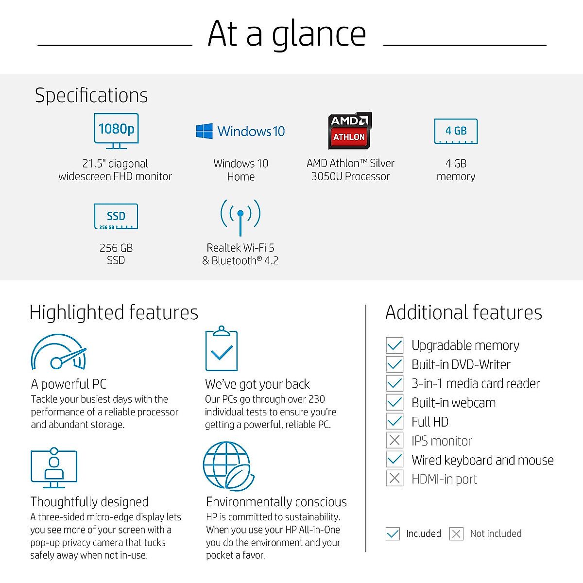 HP 22-inch All-in-One Desktop Computer, AMD Athlon Silver 3050U Processor, 4 GB RAM, 256 GB SSD, Windows 10 Home (22-dd0010, White), Snow White (Renewed)