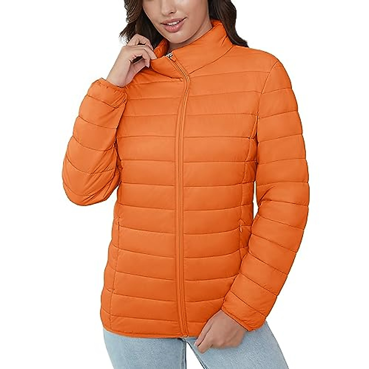 MAGCOMSEN Puffer Coat Women Winter Ultra-light Quilted Padded Jacket with 4 Pockets Full Zip Stand Collar Warm Coat, Orange M