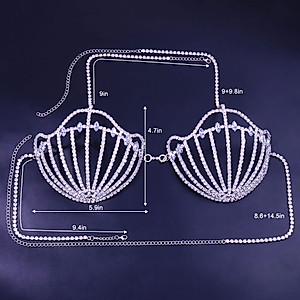 STONEFANS Rhinestone Mermaid Bra Body Chains for Women Sexy Silver Bikini Seashell Bra Chain Harness Nightclub Beach Chest Chain Body Jewelry Accessories