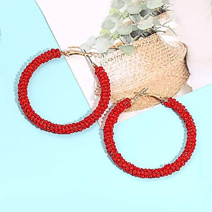 CEALXHENY Beaded Hoop Earrings for Women Mixed Color Bead Dangle Earrings Bohemia Hoop Dangle Earring Studs for Women (B Red)