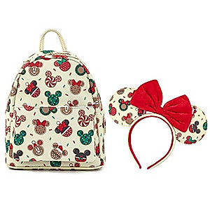 Loungefly Disney Christmas Mickey and Minnie Cookie Adult Womens Double Strap Shoulder Bag Purse with Ears Headband