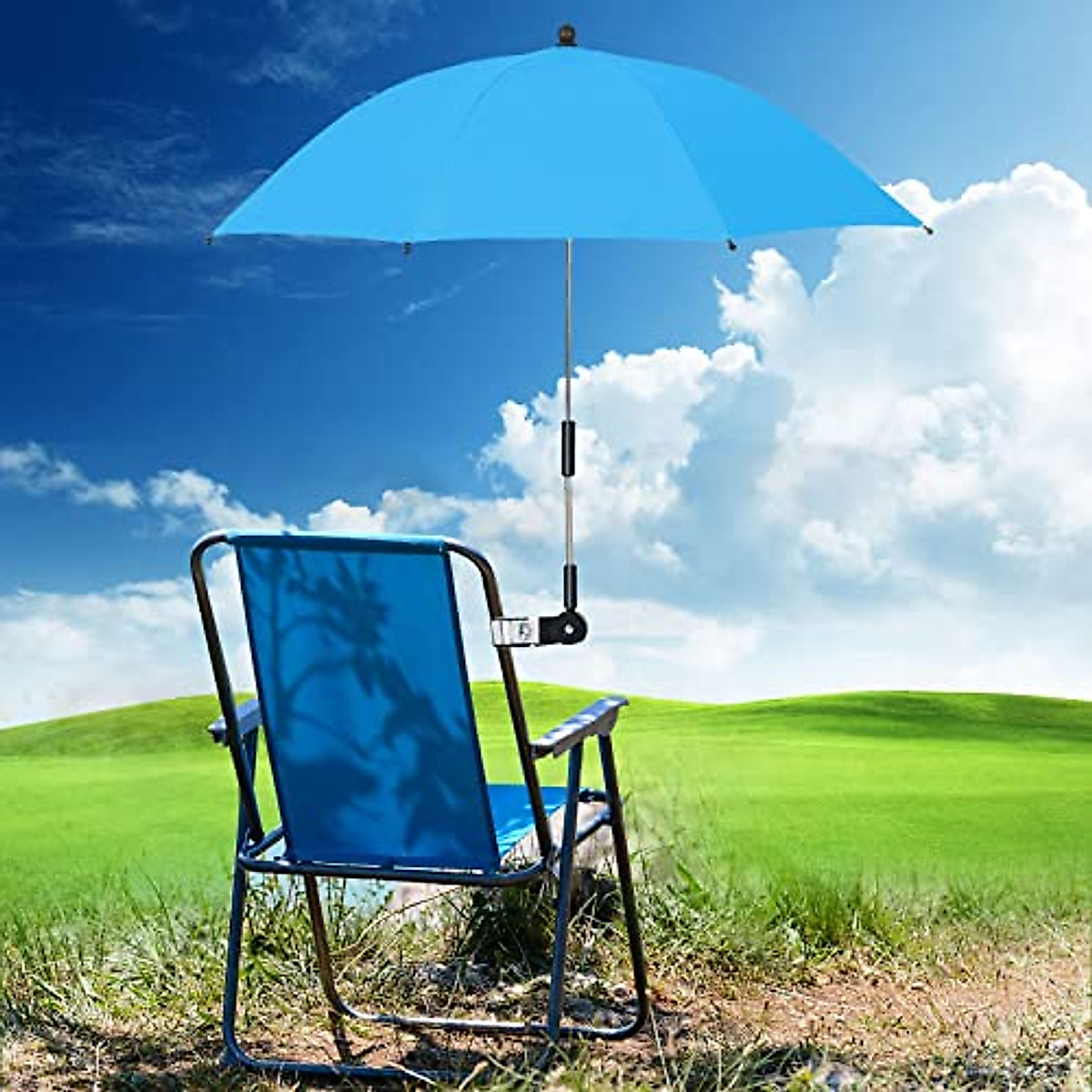 RENXR Chair Umbrella with Clamp, Universal Adjustable Beach Chair Umbrella UV Protection Sunshade Umbrella for Strollers Wheelchairs Patio Chairs, Blue, 21.7 inch