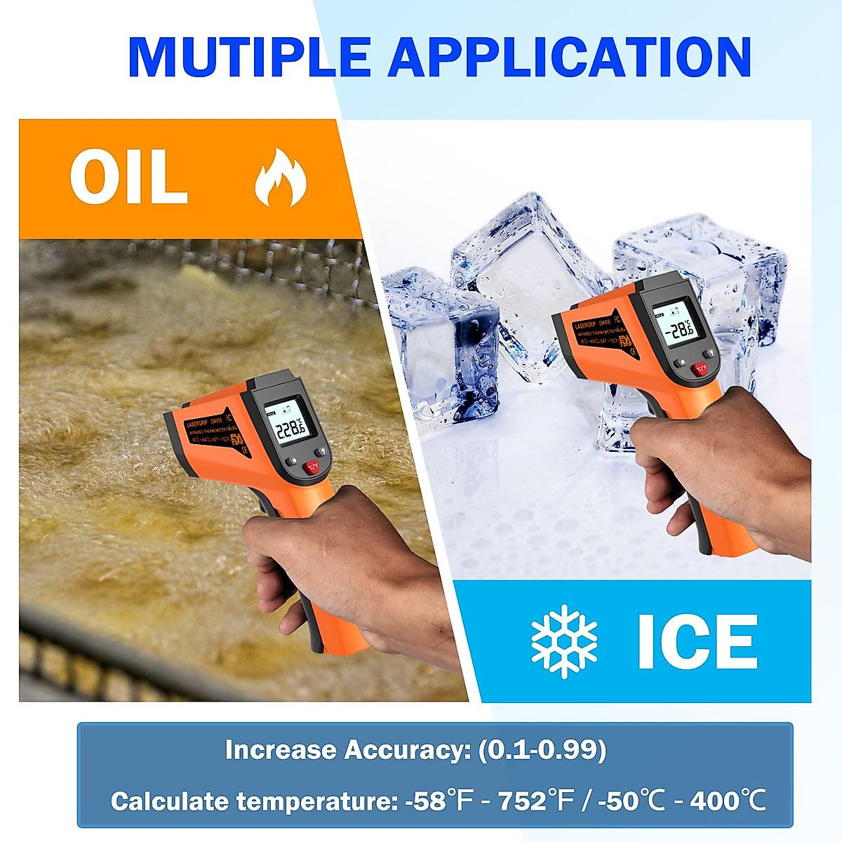 Digital Infrared Thermometer Gun Non-Contact Grip Infrared Laser Thermometer Temperature Gun -58℉~ 752℉ for Instant Read Meat Digital Kitchen Thermometer for Cooking Oil Deep Fry BBQ