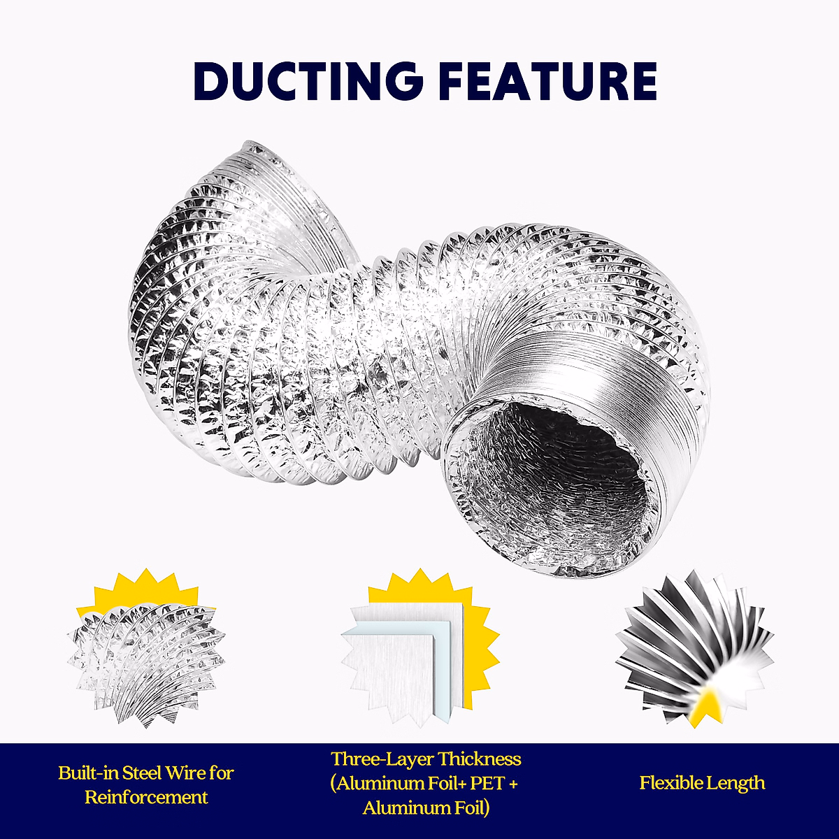 iPower GLDUCT4X8C 4 inch 8 feet Non-Insulated Flex Air Aluminum Foil Ducting Dryer Vent Hose for HVAC Ventilation with 2 Clamps, 4'' X 8', Silver