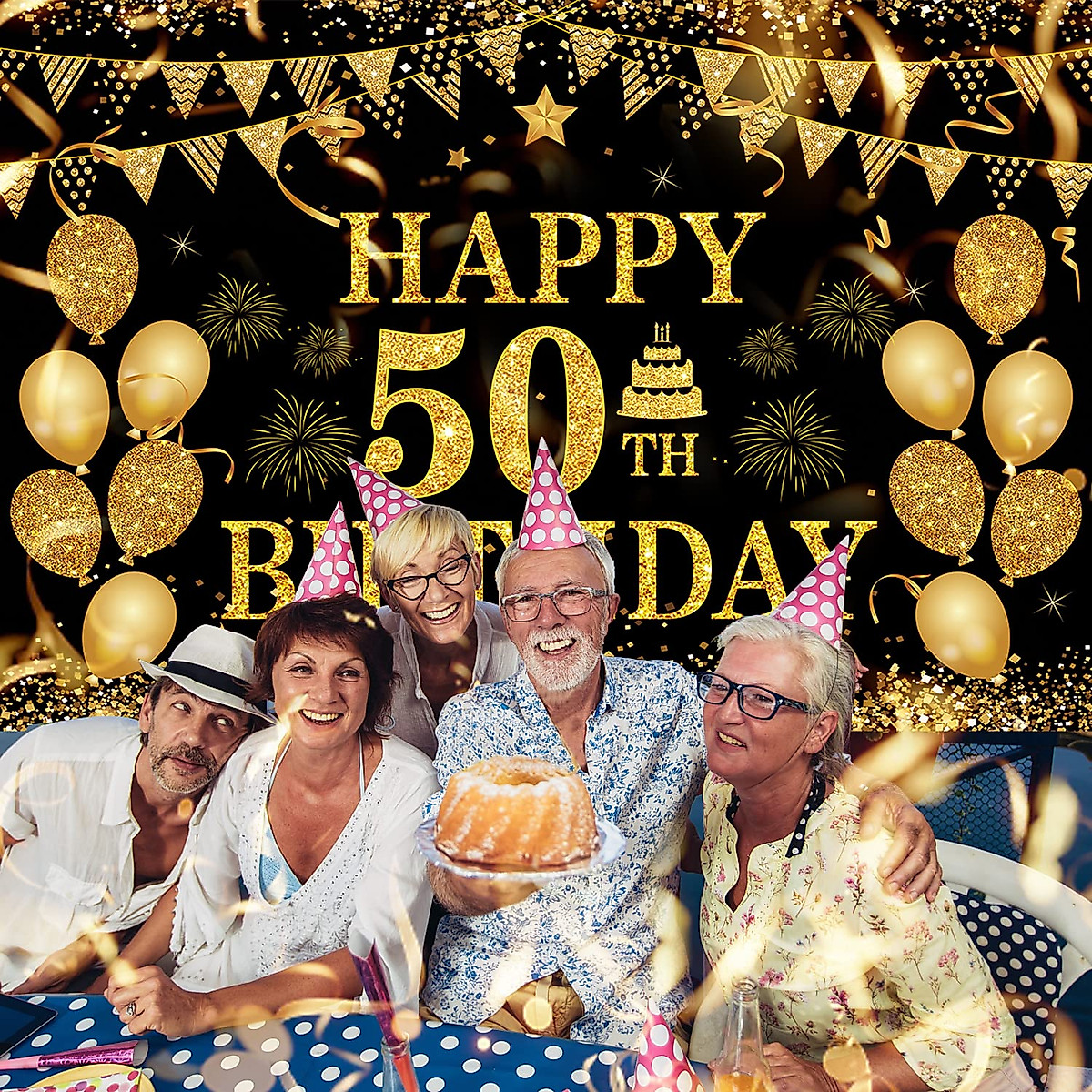 50th Birthday Decorations for Men Women - Happy 50th Birthday Banner Party Decorations Black Gold 50 Years Birthday Party Suppiles Background for Home Outdoor Birthday Decor(71 x 45 inch)