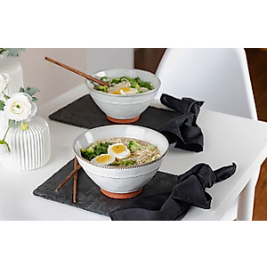KooK Ramen Bowls, Terracotta Japanese, Microwavable, Dishwasher Safe, for Rice, Udon, Soba, Pho, 36 oz, with One Set of Wooden Chopsticks, Set of 2 (Cloudy White)