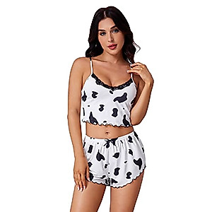 SOLY HUX Women's Sexy Pajama Set Floral Print Lace Trim Cami Top and Shorts V Neck Ruffled Nightwear Sleepwear Black White S