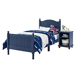 MUSEHOMEINC Wooden Twin Bed Frame with Headboard & Footboard Designed with Classic Ball finials, Beadboard Paneling and Lathe-Turned feet，No Box Spring Needed (Blue)
